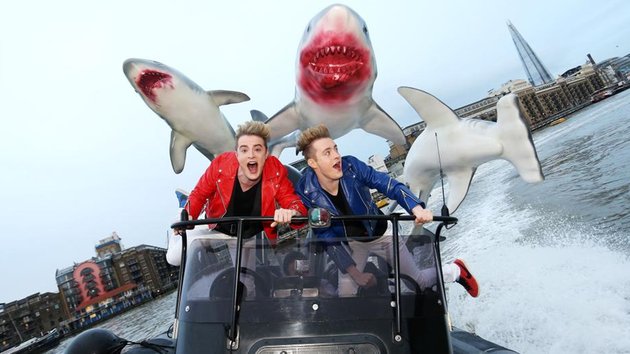 Sharknado: Jedward chased by flying sharks along the Thames to promote ...