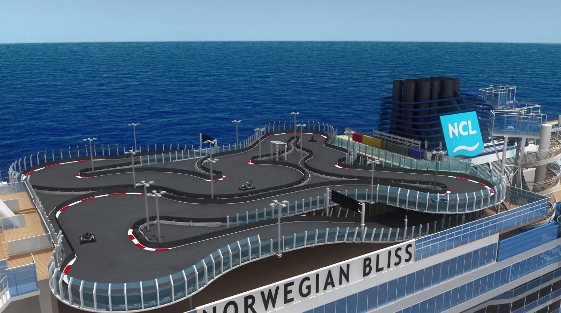 This cruise ship has laser tag and an electric go-kart track on the top ...